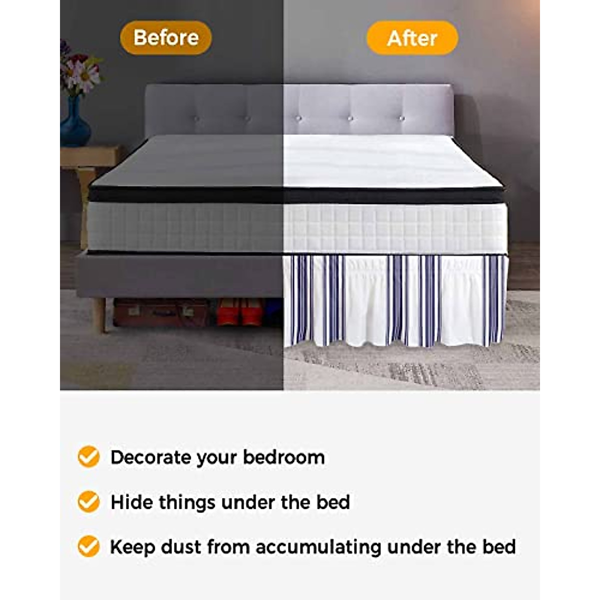 Navy Blue Stripes Bed Skirt King Size 16 Inch Drop, Adjustable & Elastic Wrap Around Bed Skirts Pleated Luxury Dust Ruffles for Twin Full Queen Cal King Base Bed, White Abstract Modern Geometric Art