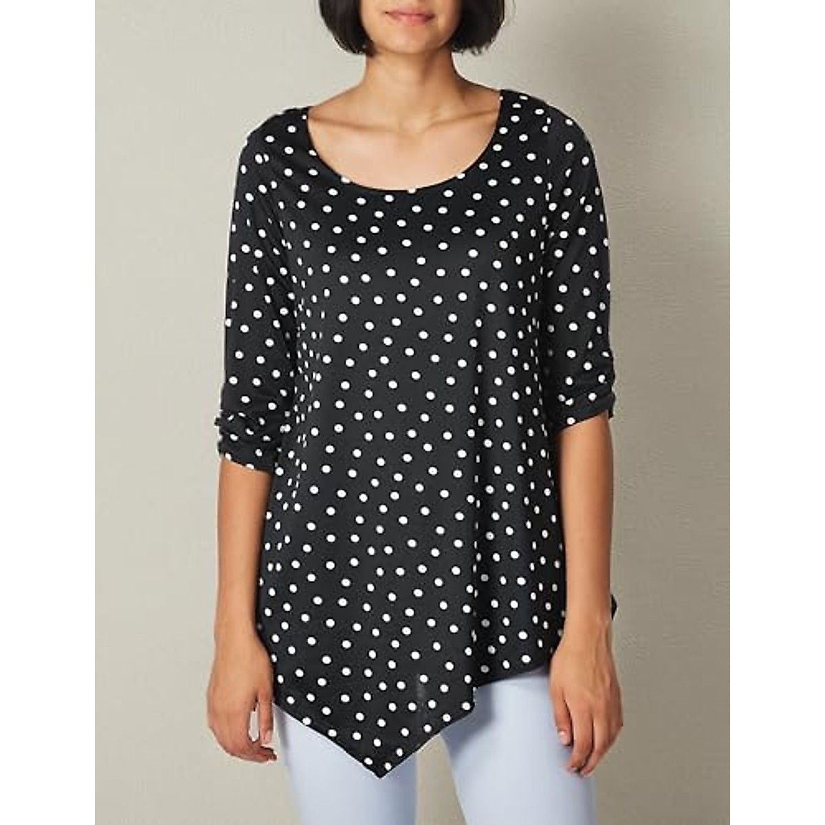 Star Vixen Women's Plus-Size Hanky Hem Top, Elbow Sleeve with Cinch Detail, Black/White dot, 3X
