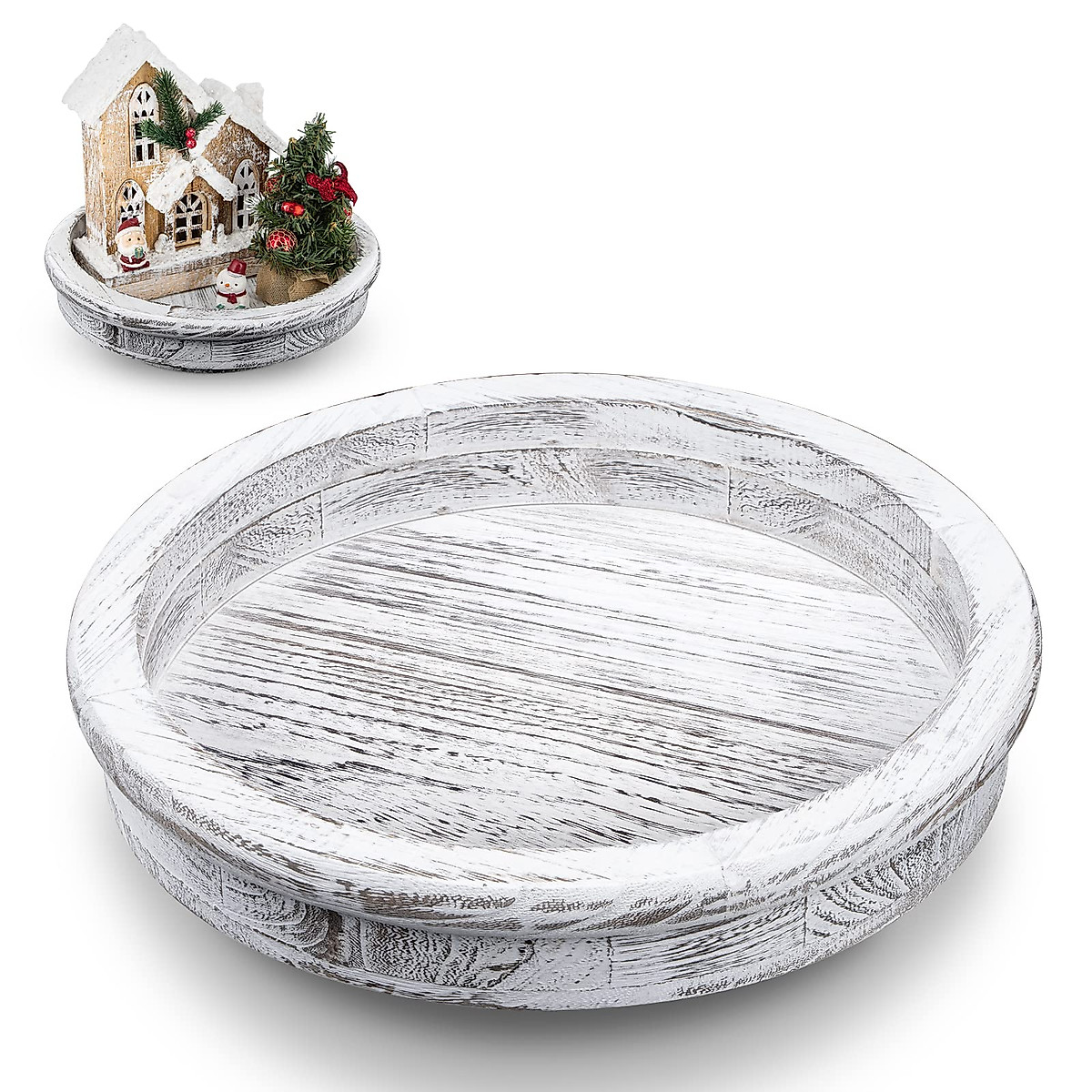 PUERSI Farmhouse Wood Lazy Susan for Table, Christmas Centerpiece for Dining Room Table, Rustic Decorative Wooden Round Turntable - 13 Inch, White