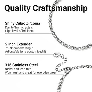 Shop LC Stainless Steel Tennis Bracelet - Adjustable Cubic Zirconia Bracelet for Women - Dainty CZ Crystal Bridal Bracelets - 7" Length with a 2" Extender Costume Jewelry for Women Birthday Gifts for