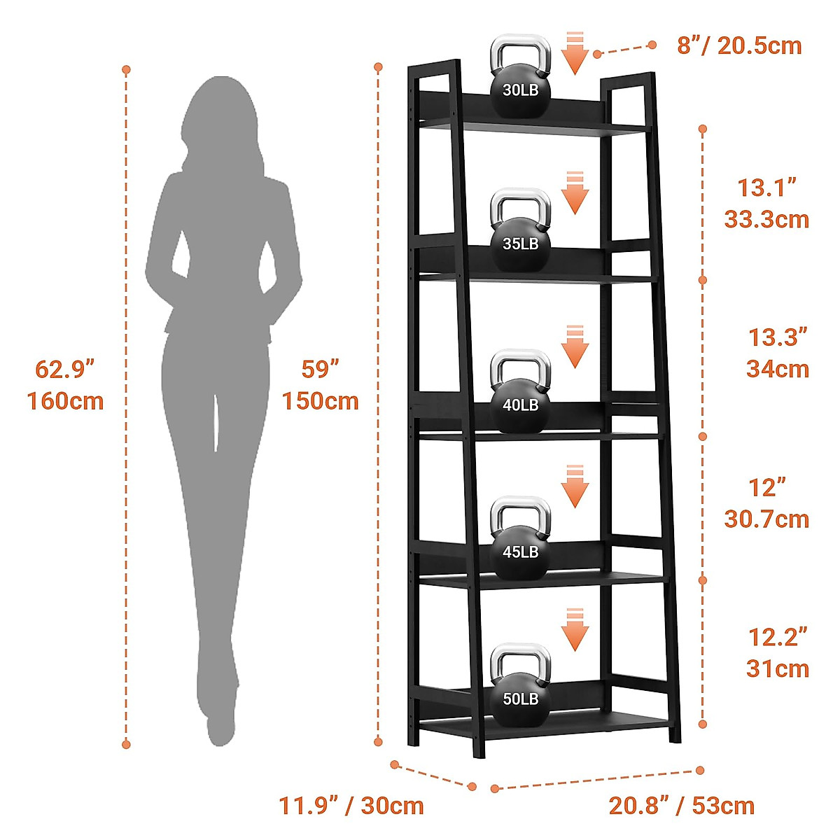 PPN Bookshelf - 5-Tier Tall Bookcase - Ladder Shelf for Bedroom/Living Room/Home Office - Black