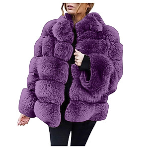 Women Plus Size Luxury Winter Warm Fluffy Faux Fur Short Coat Jacket Parka Outwear,Cropped Plush Jacket Purple