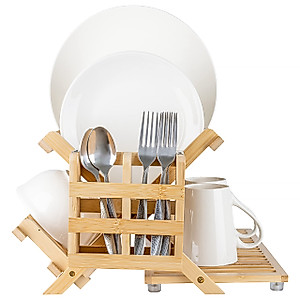 JOEY'Z Bamboo Dish Rack, Collapsible Dish Drying Rack for Kitchen Counter 3 Tier Kitchen Drying Rack (Dishrack with Utensil Holder)