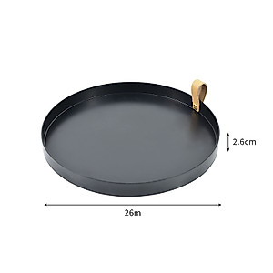 10.2" Round Decorative Tray, PU Leather Plastic Tray with Handles, Coffee Table Tray and Serving Tray for Ottoman, Kitchen, Bathroom, Black