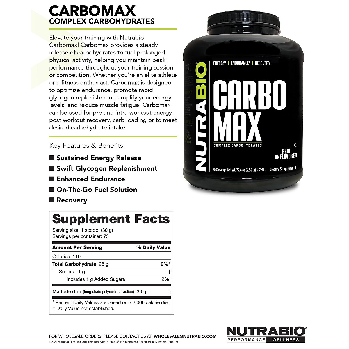 NutraBio CarboMax Maltodextrin Powder - Carbohydrate Powder for Sustained Energy - Calorie Rich for Muscle and Weight Gain - Unflavored - 5 Pounds, 75 Servings