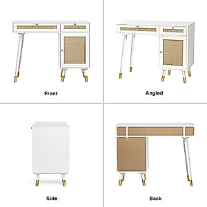 Anmytek Rattan Vanity Desk with Drawers and Storage, White Makeup Vanity Table Modern Home Office Desk Computer Desk for Study D0006