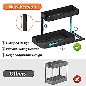 Adjustable Height Under Sink Organizers and Storage, 2 Tier Slide Out Shelf Under Cabinet Kitchen Storage with 4 Hooks, Pull Out Under Sink Organizer for Kitchen Bathroom Counter Office Pantry