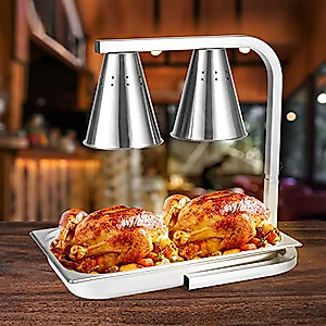 Restlrious Food Heat Lamp Freestanding Commercial Portable Food Warmer, Stainless Steel 120V Electric Food Heat Lamp with 2 Bulbs for Food Service - 250W Each, Fan-Shaped Lampshade