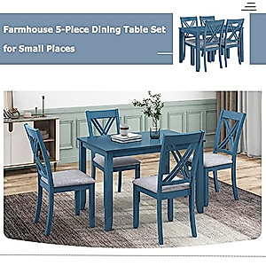 Bellemave 5 Piece Dining Table Set, Kitchen Dining Table with 4 X-Back Chairs, Wooden Dining Table and Upholstered Chair Set, Farmhouse Dining Room Set for 4 Persons (Blue)