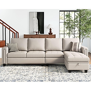 Belffin Faux Leather Convertible Sectional Sofa Couch L Shaped Couch Sofa with Reversible Chaise Leather Corner Sectional 4 Seat Sofa with Storage Ottoman Beige