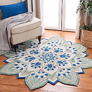 Safavieh Novelty Collection 5' Round Blue/Ivory NOV105M Handmade Boho Flower Premium Wool Area Rug