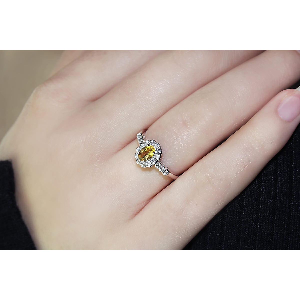 Heartland By Beverley Mitchell .925 Sterling Silver 6X4mm Oval Cut Yellow Citrine & Lab-Created White Sapphire Scalloped Flower Statement Ring - Size 8