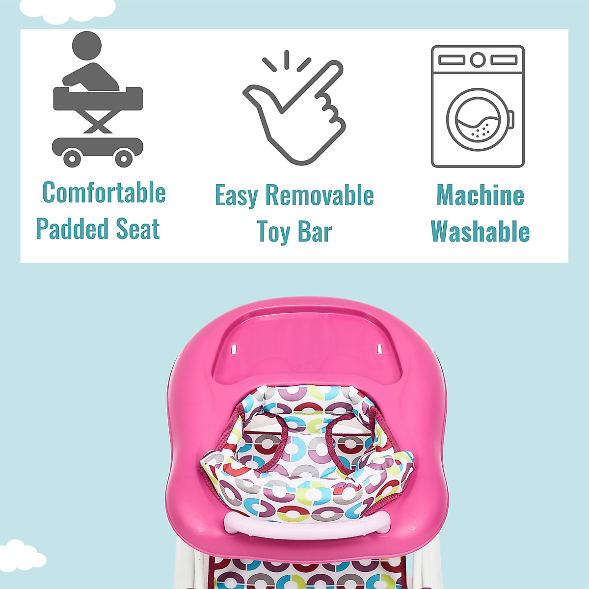 Dream On Me Go-Getter 3-in-1 Activity Baby Walker and Walk Behind Walker, Adjustable Seat Height, Comfortable Padded Seat, Easy to Fold, Pack and Store, Detachable Activity Tray, Pink