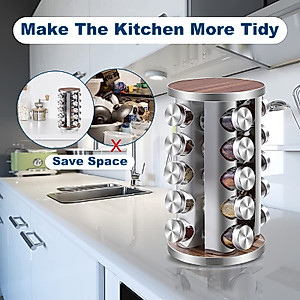 Rotating Spice Rack Organizer for Cabinet, 20 Jars Revolving Seasoning Organizer for Kitchen, Stainless Steel Spice Tower for Countertop with Reuseable Labels and Funnel