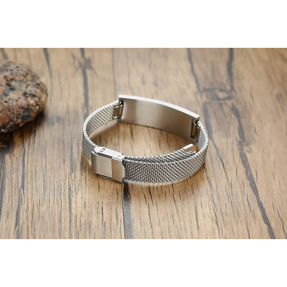 MEALGUET Personalized Stainless Steel Stylish Mesh Band Mesh Strap Women Bracelet Adjustable ID Bracelet Wristband for Men Women, Silver