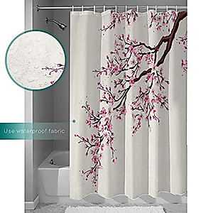 Blooming Cherry Tree Shower Curtains for Bathroom Decoartion, Waterproof Cloth Shower Curtains Durable Bath Curtain for Showers Bathtubs Pink Floral Rustic Burlap Backdrop 36x72 IN Hooks Included