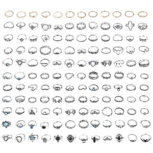 LOYALLOOK 132PCS Bohemia Knuckle Ring Set Women Hollow Silver Fashion Finger Rings Vintage Stackable Knuckle Midi Rings Set, Boho