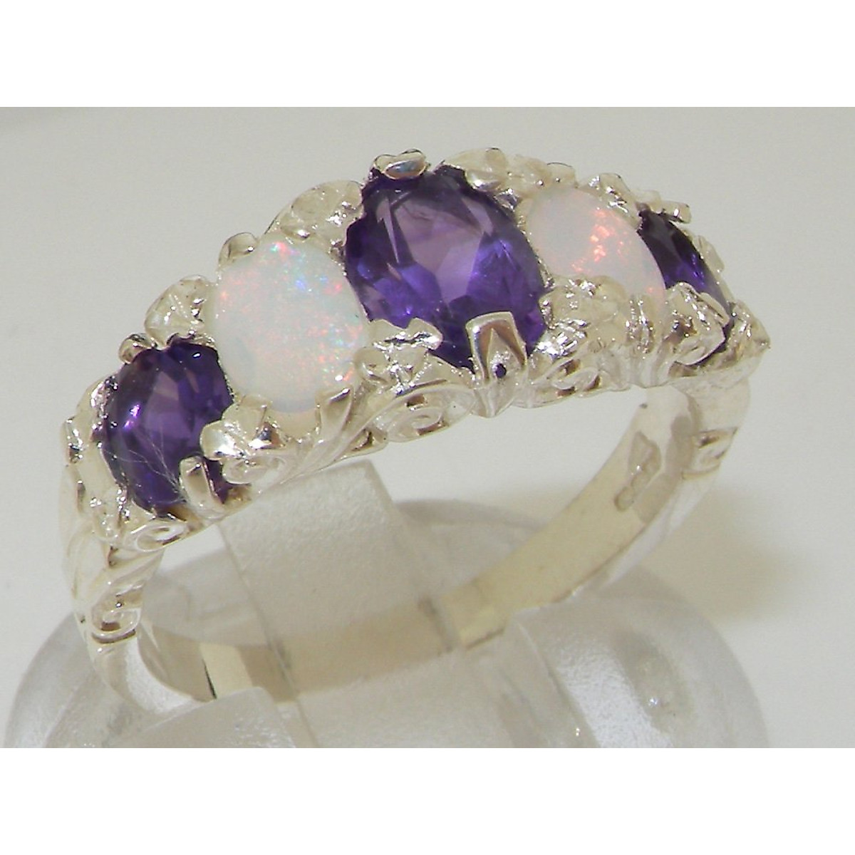 LetsBuyGold 925 Sterling Silver Real Genuine Amethyst and Opal Womens Band Ring - Size 11
