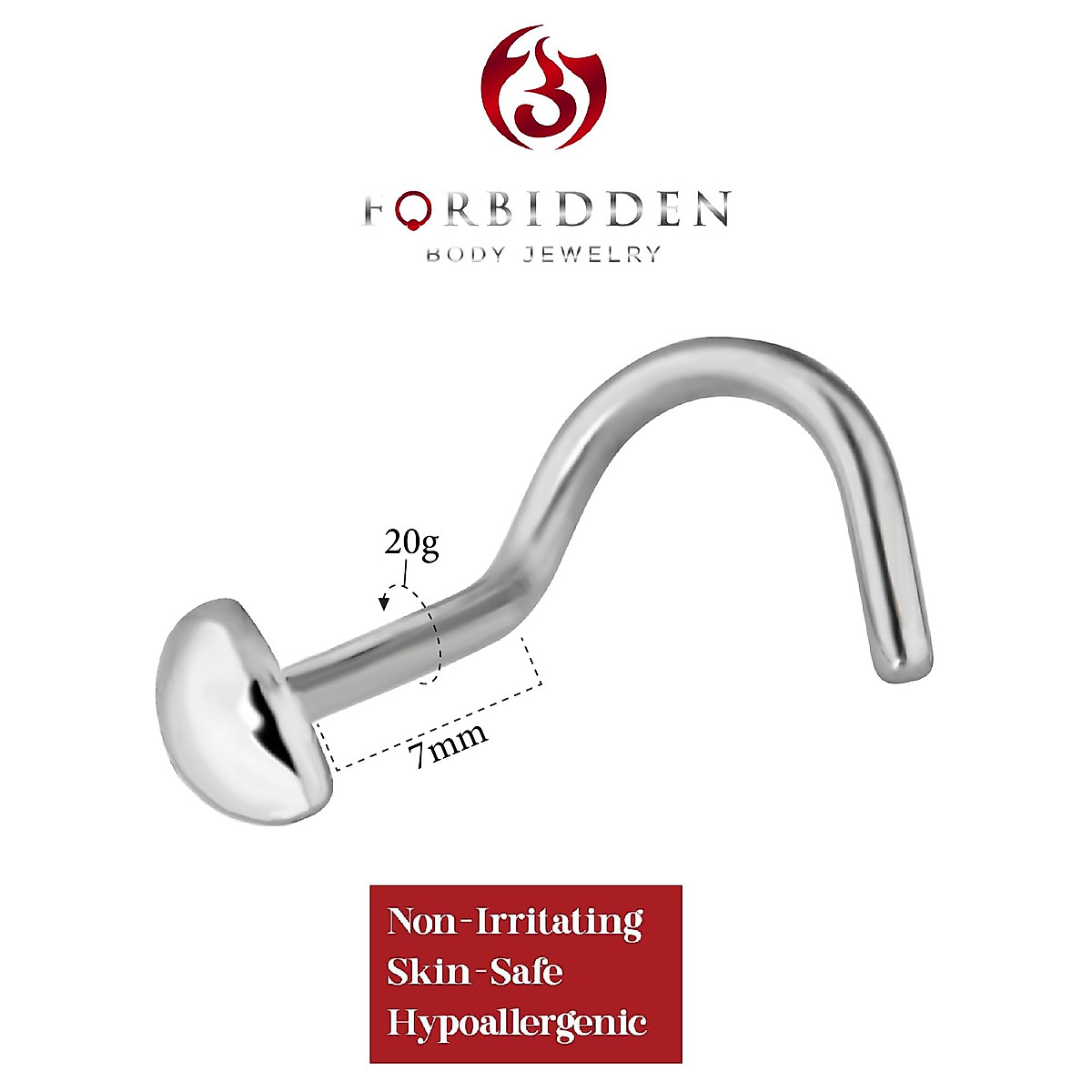 Forbidden Body Jewelry 20g Surgical Steel Nose Screw with Flat Steel Dome Ball