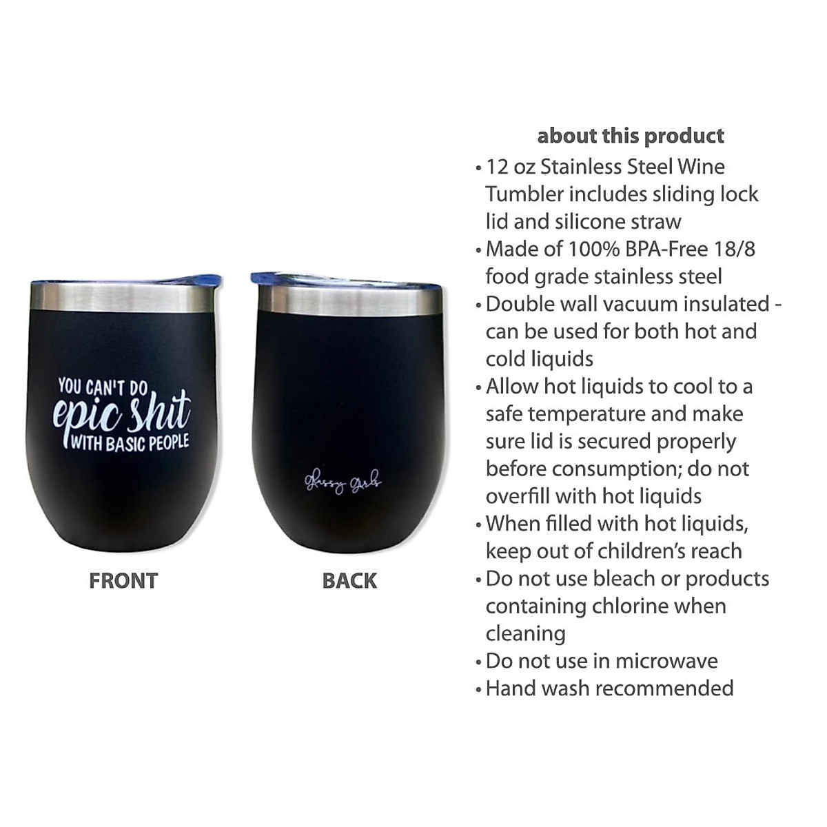 Glassy Girls You Can’t Do Epic Shit With Basic People Wine Tumbler, Best Friend Gift, Coworker Gift, Funny Wine Tumblers, Gift Ideas for Birthday, Black 12 oz Wine Tumbler