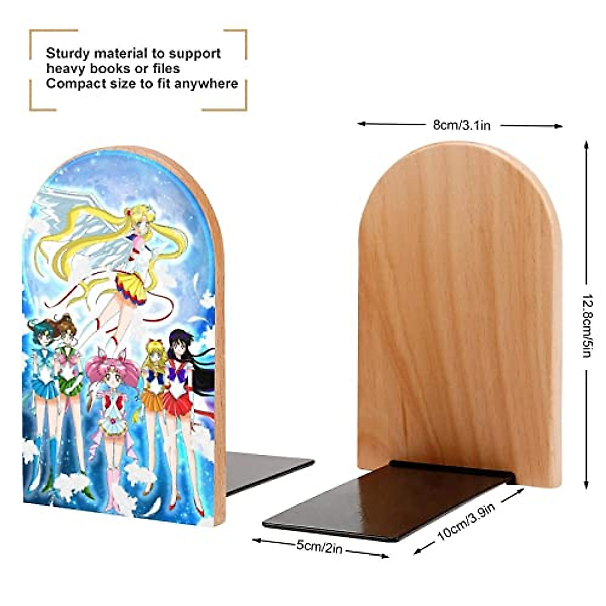 Anime Poster Moon Bookends Wood Book Divider Decorative Shelves Non-Skid Book Stand 2 Pieces for Office Home