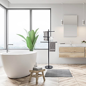 MyGift 5 Ft Tall Dark Brown Metal Floor Standing Bathroom Towel Stand Hanger Tree, Indoor Spa Pool Laundry Drying Rack with 6 Rungs for Hanging Towels or Clothing