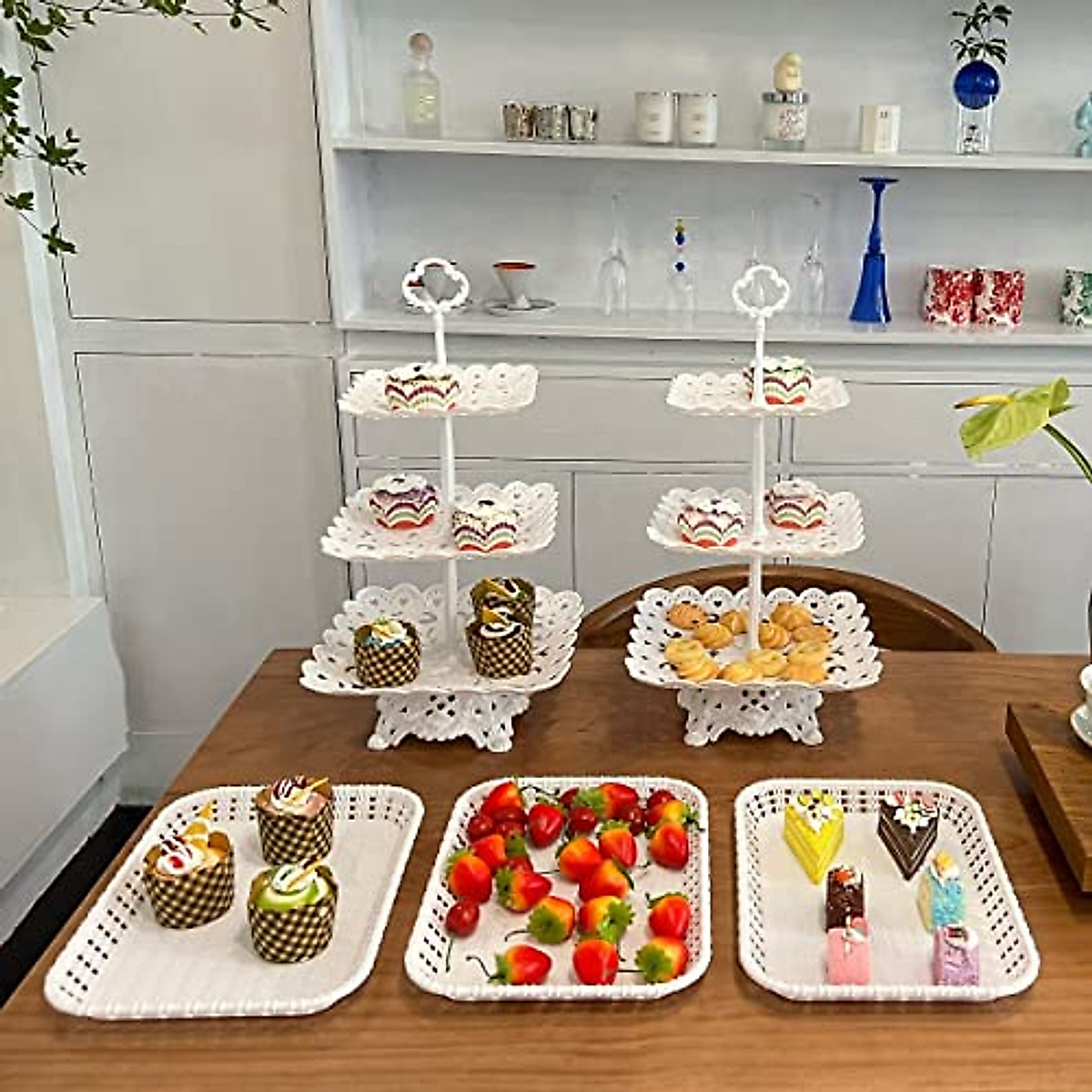 5 Pieces Dessert Stand Set Includes 2 Pack of 3-Tier Plastic Cupcake Stand & 3 Pack of Rectangle Serving Tray Reusable Platters Cupcake Holders for Wedding Baby Shower Tea Party Birthday Party