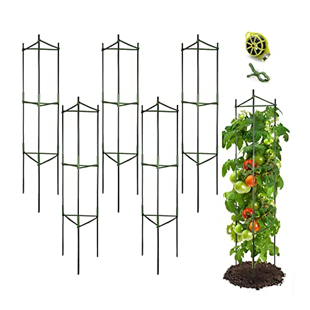 GROWNEER 6 Packs Tomato Cages, Up to 51 Inches Plant Cages Assembled Tomato Garden Cages Stakes Vegetable Support Trellis, with 18Pcs Clips and 328 Feet Twist Tie, for Vertical Climbing Plants