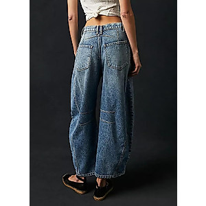 KMBANGI Womens Baggy Mid Rise Jeans Wide Leg Loose Boyfriend Denim Harem Cropped Pants Vintage Barrel Jeans Y2k(Dark Blue,L)