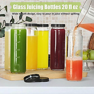 Huichuiero [6 Pack] 20 Oz Glass Juicing Bottles w Airtight Lids - Reusable Drinking Jars w Scale Marker, Travel Water Cups - Tall Mason Jar for Kombucha, Vanilla Extract(Extra 2 Lids)