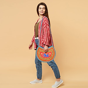 North Creed Crossbody Elephant Flora Embroidery Shoulder Bag, Indian Ethnic Travel Handbag with Zipper Pocket- Blue