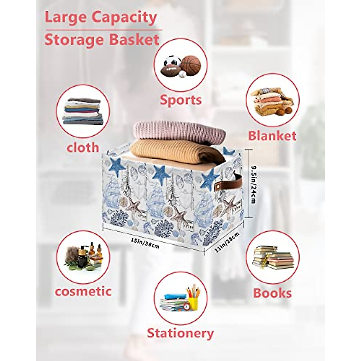 Storage Bins, Nautical Theme Marine Sail Boat Beach Starfish Shell Seashell Storage Baskets for Organizing Closet Shelves Clothes Decorative Fabric Baskets Large Storage Cubes with Handles