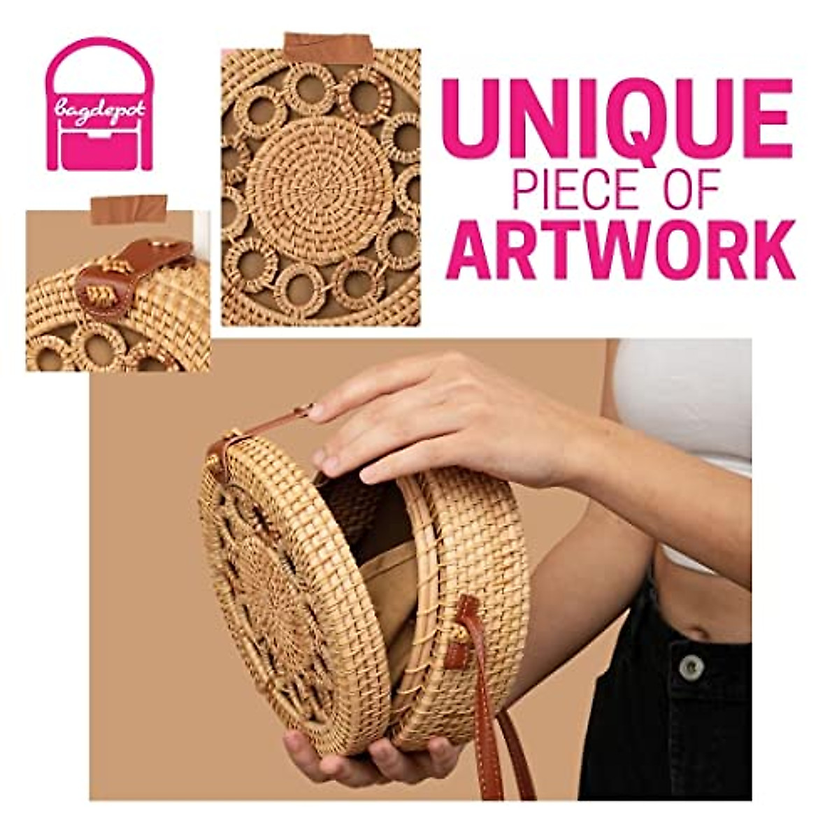 BAGDEPOT Round Rattan Bag With Shoulder Leather Strap. Made from Natural Rattan (Sunrise)