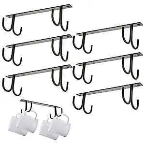 ABuff 6 Pack Cabinet Hook Mug Holder - Hanging Coffee Cup Rack for Kitchen, 24 Hooks Under Cabinets Metal Hangers Organizer Shelf Storage Utensil (Black)