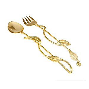 Classic Touch Set of 2 Gold Salad Servers with Leaf Design