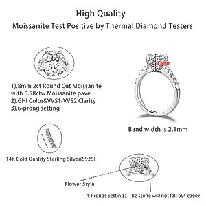 DovEggs Moissanite Engagement Rings for Women 2ct Center 8mm GHI Color Round Cut Moissanite Flower Style Solitaire 14K Gold QUALITY Sterling Silver Wedding Rings with Pave (7)