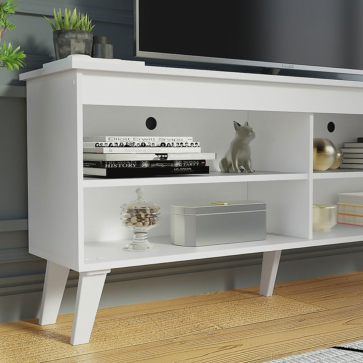 Madesa Compact TV Stand Cabinet with 4 Shelves and Cable Management for 50, 55 Inch TV Media Storage Unit Living Room and Bedroom Modern Wooden Television Media Console - White