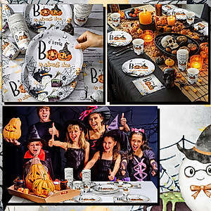 Hushee 200 Pcs Halloween a Little Boo Is Almost Due Baby Shower Paper Plates Napkins Cups Baby Shower Party Supplies Tableware Set Disposable Cup Napkin for 50 Guest Party Decoration