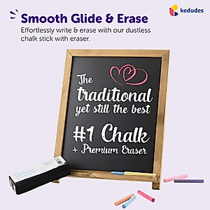 Kedudes Non-Toxic Dustless Chalk with Eraser (24 pack) - 12 Colored Chalk + 12 White Chalkboard Chalk and Chalk Board Eraser for Teachers, Sidewalk Chalk for Kids, Outdoor Chalk, School Supplies Chalk