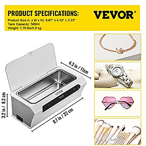 VEVOR Ultrasonic Jewelry Cleaner, 45kHz 500ml, Professional Ultrasonic Cleaner w/ 4 Digital Timer & SUS 304 Tank, Cleaning Basket Included, Ultrasonic Cleaner Machine for Jewelry Watches Coins, White