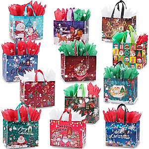 Jaywayang 12 Pcs Large Christmas Gift Bags with Tissue Papers and Tags, Reusable Christmas Tote Bags with Handles, Non-Woven Christmas Bag Bulk for Xmas Presents Wrapping Holiday Party Supplies.