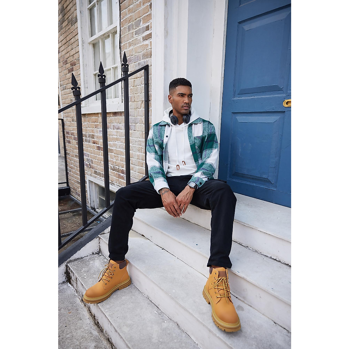 COOFANDY Men's Casual Hoodies Sweatshirt Hipster Gym Long Sleeve Drawstring Plaid Jacquard Pullover Hooded White