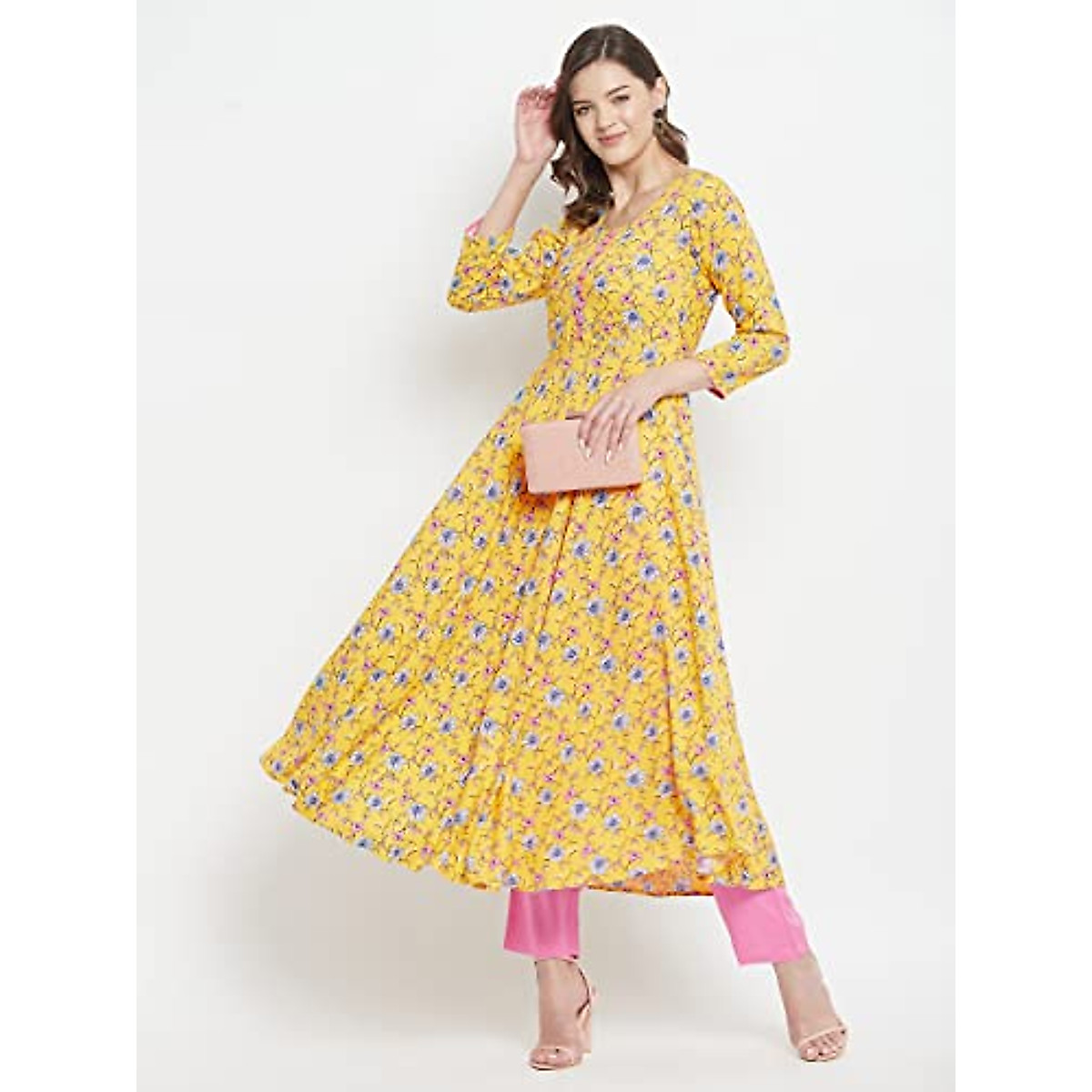 Tissu Women's Rayon Yellow & Pink Floral Printed A-Line Kurta 2136_Yellow_S