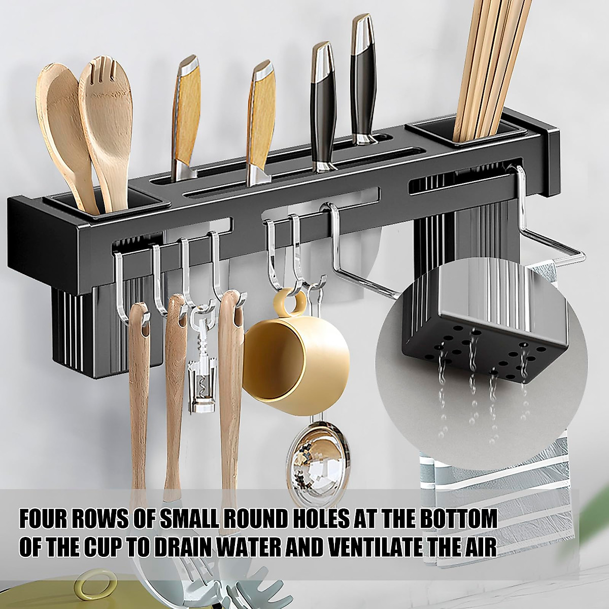 16In Stainless Steel Kitchen Knife Holder Wall Mounted with Hooks, Heavy Duty Adhesive Knife Strip for Wall, Kitchen Knife Storage Block, Knife Rack Organizer for Hanging Spoon Chopsticks (40cm)