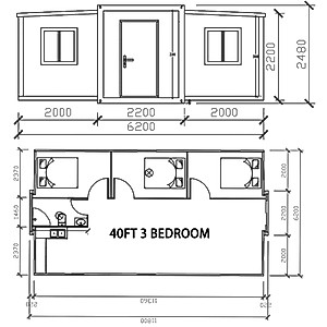 3 Bedroom 40FT Thickened Prefab home Tiny House to Live in for Adults Foldable Expandable Container Mobile Modular casa contenedor para vivir Mini Live Houses kit for sale,with Toilet Kitchen Bathroom