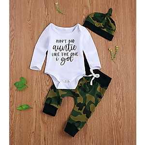 Madjtlqy Aint No Auntie Like The One I Get Baby Boy Clothes Aunties Sayings Bodysuits Camouflage Pants+Hats Romper Set