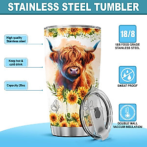 JENOIS Just A Girl Highland Cow, Tumbler 20 Oz With Lid And Straw, Highland Cow Gifts, Sunflower Flower Cups Floral