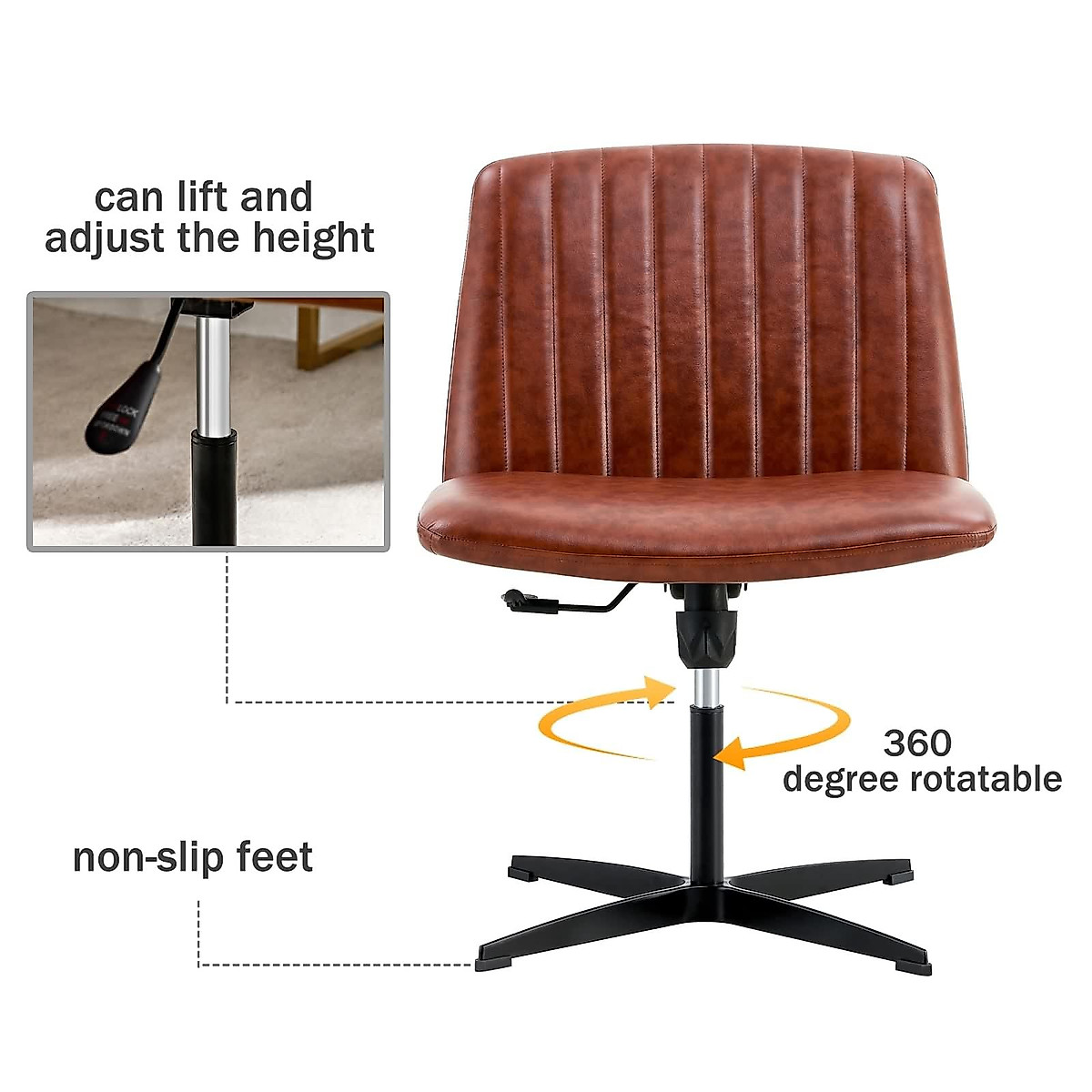 Daesar Office Chair Brown Pu Material. Home Computer Chair Office Chair Adjustable 360 °Swivel Cushion Chair with Black Foot Swivel Chair Makeup Chair Study Desk Chair. No Wheels