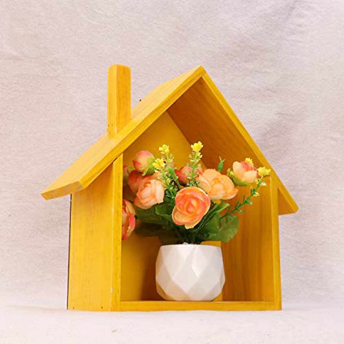 Cabilock Wooden House-Shaped Wall Storage Shelf Display Box Hanging Rack Holder Organizer for Bedroom Kids Room Kitchen (Yellow)