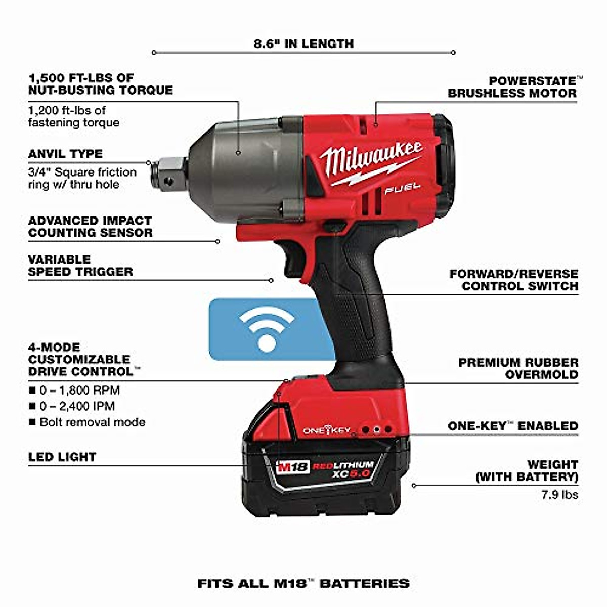 Impact Wrench,Cordless,Compact,18VDC
